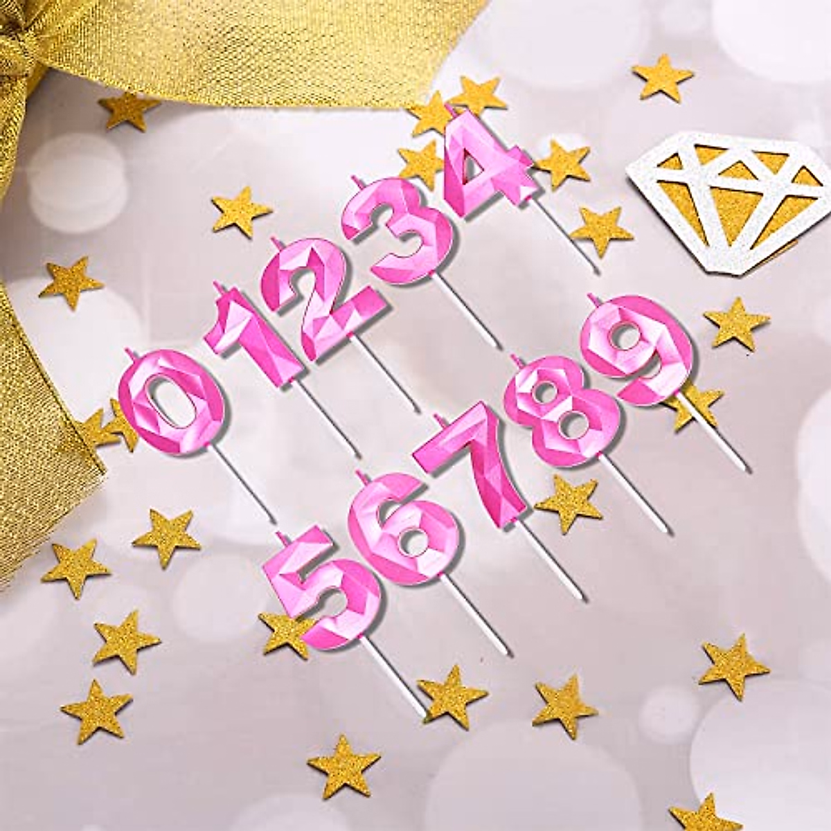 Pink Number 7 Candles and Star Heart Candles 2.76 inch Number Candles for Birthday Cakes 3D Diamond Shaped for Cake Decorations(Pink Candle 7)