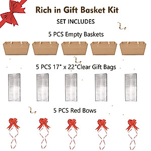 Baskets For Gifts Empty, Kraft Basket With Handles Gift Basket Kit With 5 Baskets, 5 Shrink Wrap Bags and 5 Bows, Gift Basket Empty To Fill Bulk For Wedding Birthday Party Christmas Valentines Holiday