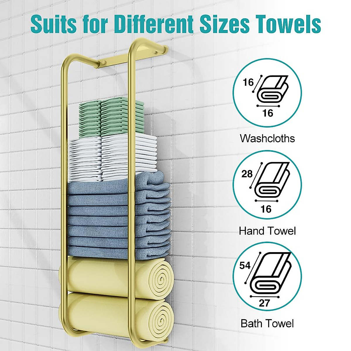 Towel Rack Wall Mounted, Bathroom Towel Storage, Stainless Steel Towel Racks for Bathroom, Bath Towel Holder Organizer for Folded Large Towel Washcloths, Easy to Install, Silver
