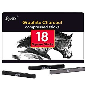 Dyvicl Compressed Graphite Charcoal Sticks, Square Black White Charcoal for Sketching, Drawing, Shading, Blending, Pack of 18