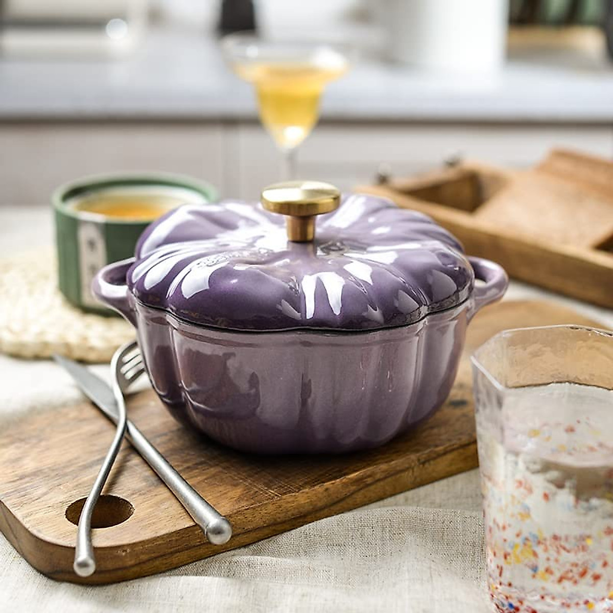 BAMFY Pumpkin Heavy-duty Cast Iron Dutch Oven Pot with Lid Non-stick Enamel Pot with Handles Casserole Pot for Roasting, Braising, Bread Baking (Color : Purple)