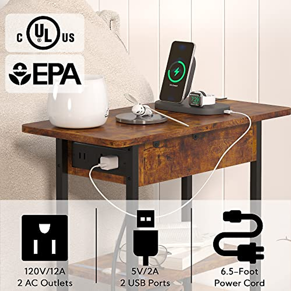 Yusong Narrow End Table with Charging Station, Slim Couch Side Table with USB Ports & Outlets, Flip-top Nightstand Bedside Table with 3 Shelves for Small Space in Living Room Bedroom,Brown