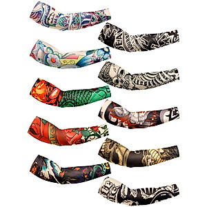 Boao 10 Pairs Men's Cooling Arm Sleeves Long Fingerless Arm Cover Anti Slip UV Protection Sun Sports Temporary Tattoo Arm Sleeves (Delicate Pattern)