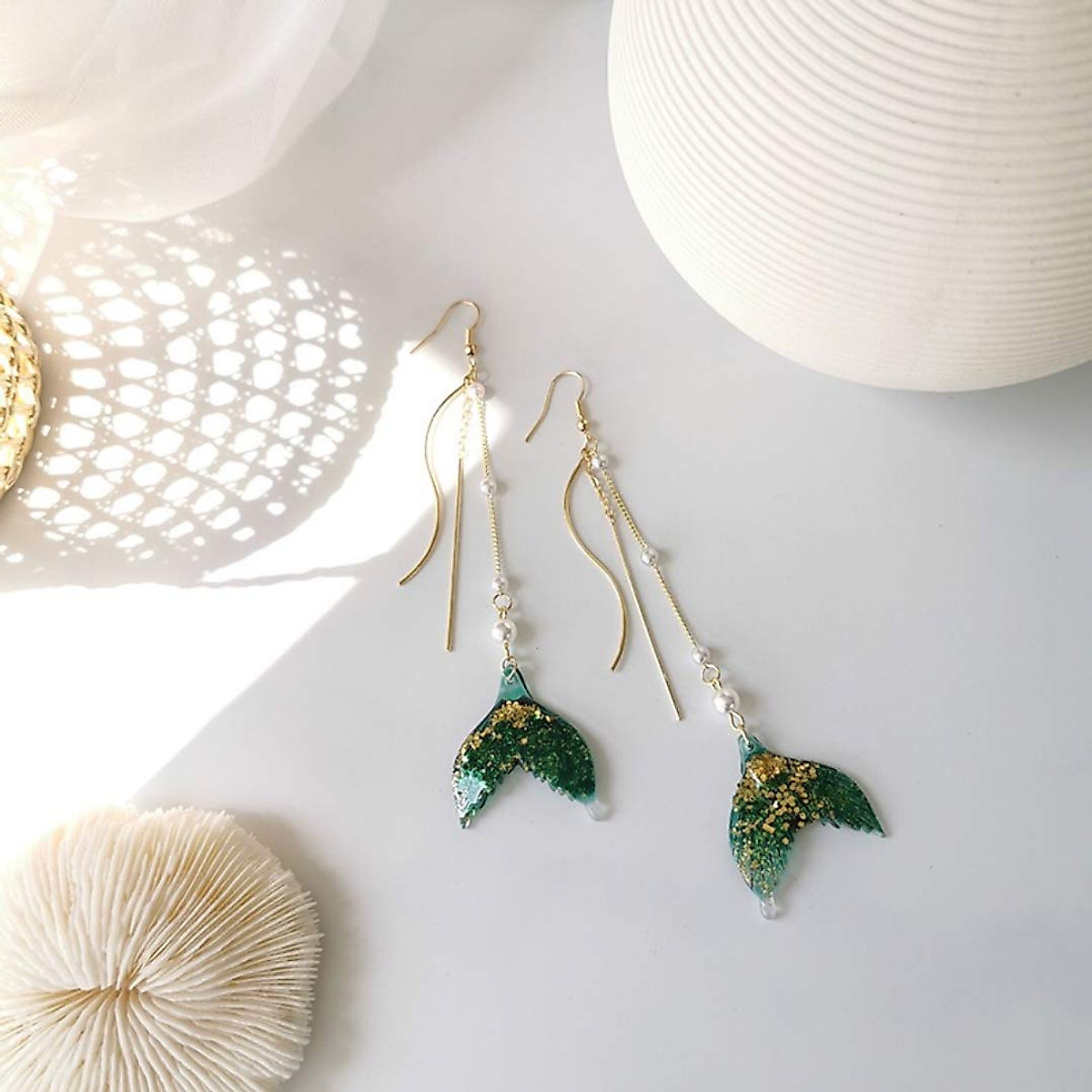 Sequins Mermaid Tail Earrings For Women Fantasy Ocean Princess Earrings Tassel Earrings Creative Ear Hook Translucent Fishtail Pendant Pearl Earrings
