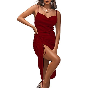 LYANER Women's Satin Spaghetti Straps Sexy Ruch Cowl Neck Cocktail Midi Dresses Wine Red Small
