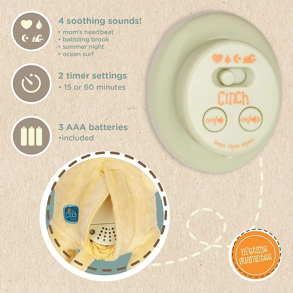 Cinch by dexbaby Plush Mini Giraffe - Sleep Aid Womb Sound Soother w/Playard and Crib Attachment