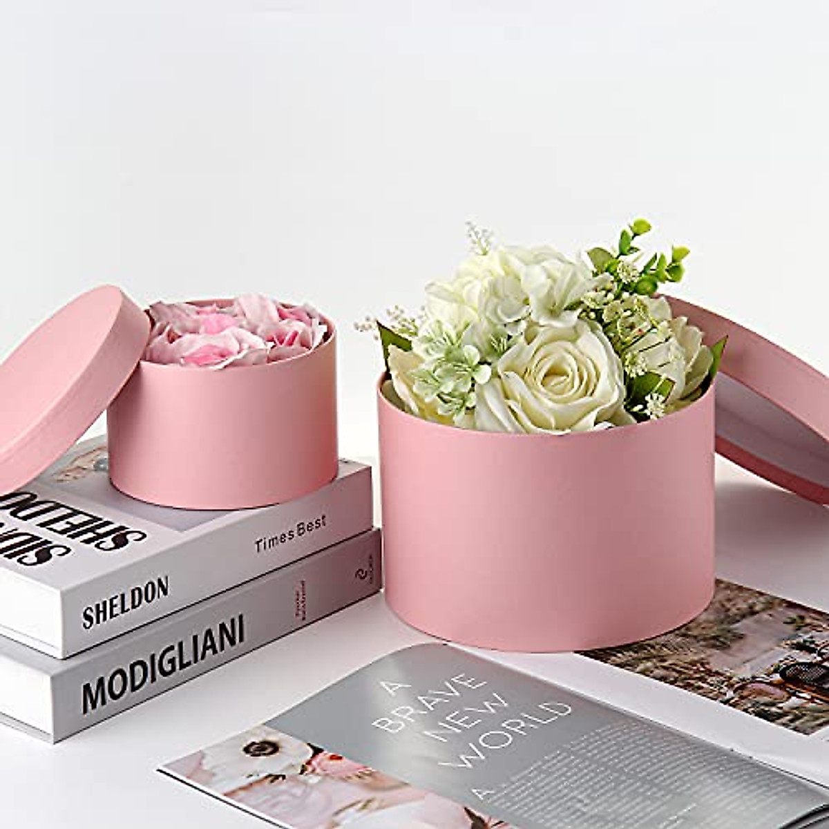 Oairse Pink Round Gift Boxes with Lids for Presents Round Flower Boxes for Arrangements 4 Packs Nesting Gift Boxes with Lids for Bridesmaid, Proposal, Wedding, Birthday, Baby Showers