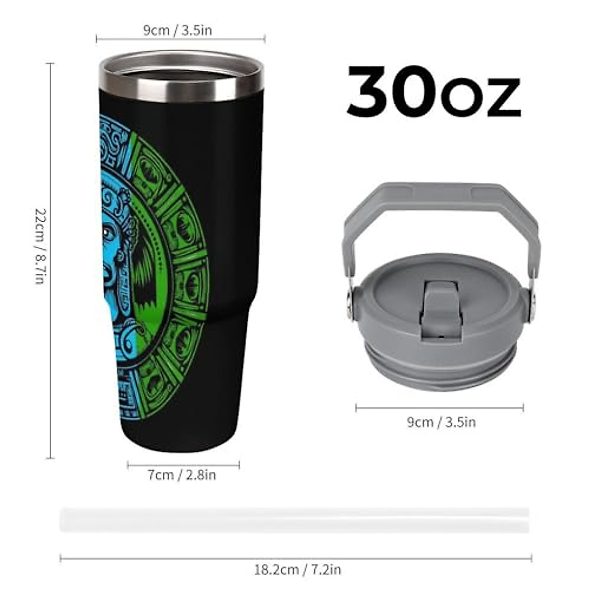 Colorful Aztec Calendar 30 OZ Insulated Tumblers with Handle And Straw Leakproof Vacuum Insulated Stainless Steel Water Bottle for Car Fishing Travel