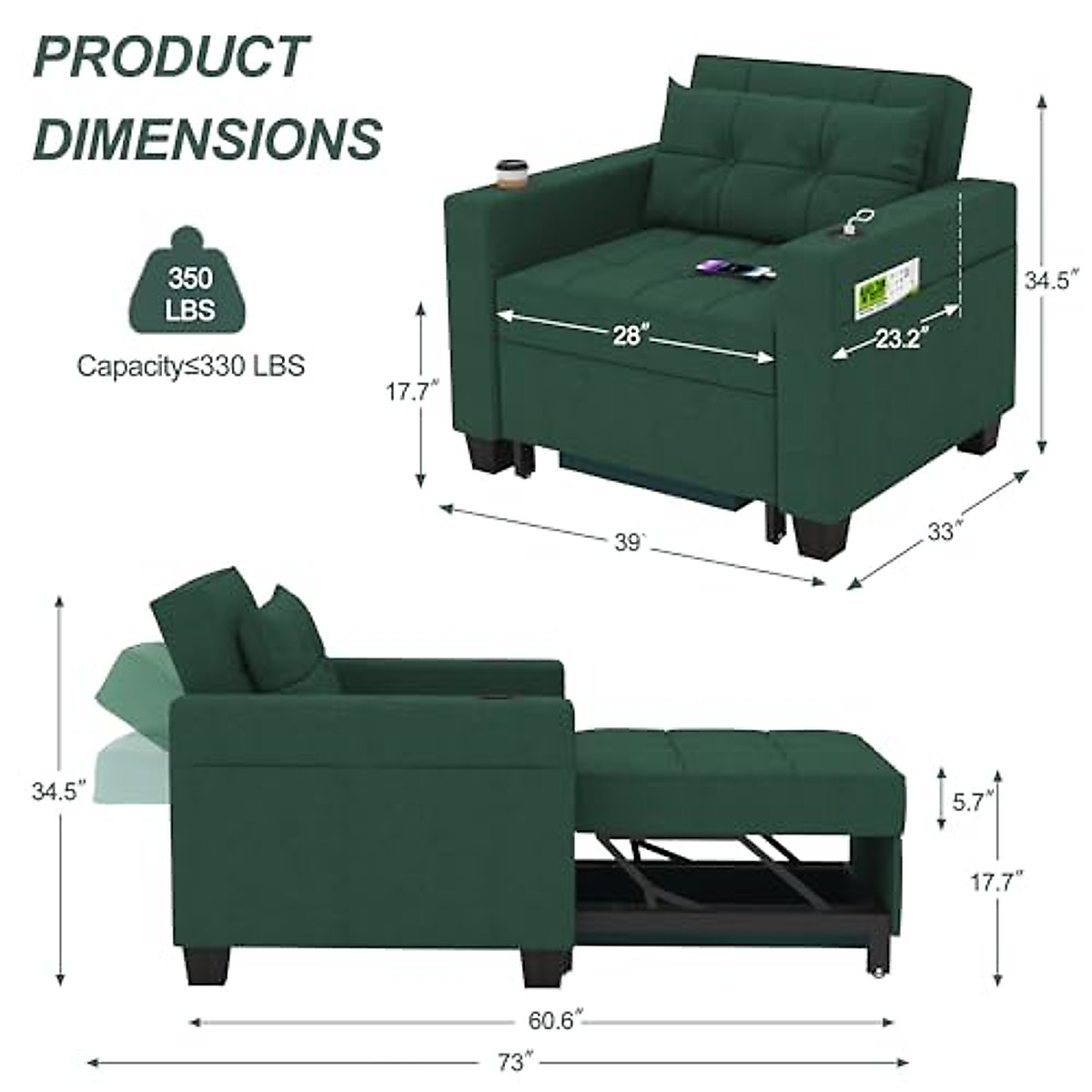 DURASPACE 39 Inch Sleeper Chair 3-in-1 Convertible Chair Bed Pull Out Sleeper Chair Beds Adjustable Single Armchair Sofa Bed with USB Ports, Side Pocket, Cup Holder (Forest Green Linen)