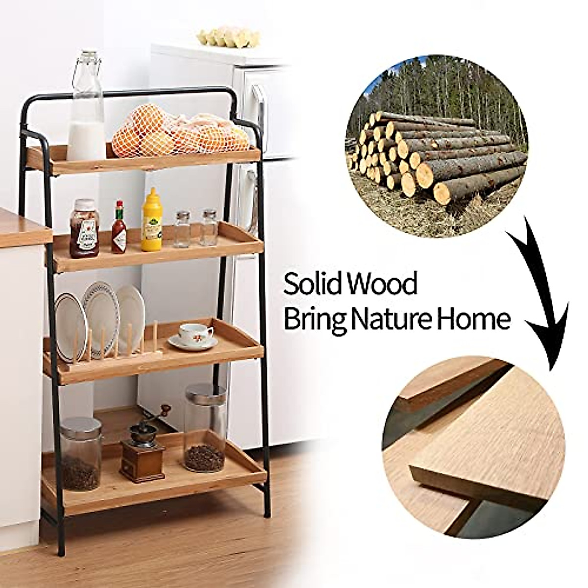 DAOYIJIAJU 4-Tier Ladder Shelf Metal Frame with Wood Rectangle Tray Standing Shelf Storage Units Industrial Organizer Shelves for Kitchen, Living Room, Office, Bedroom and Bathroom