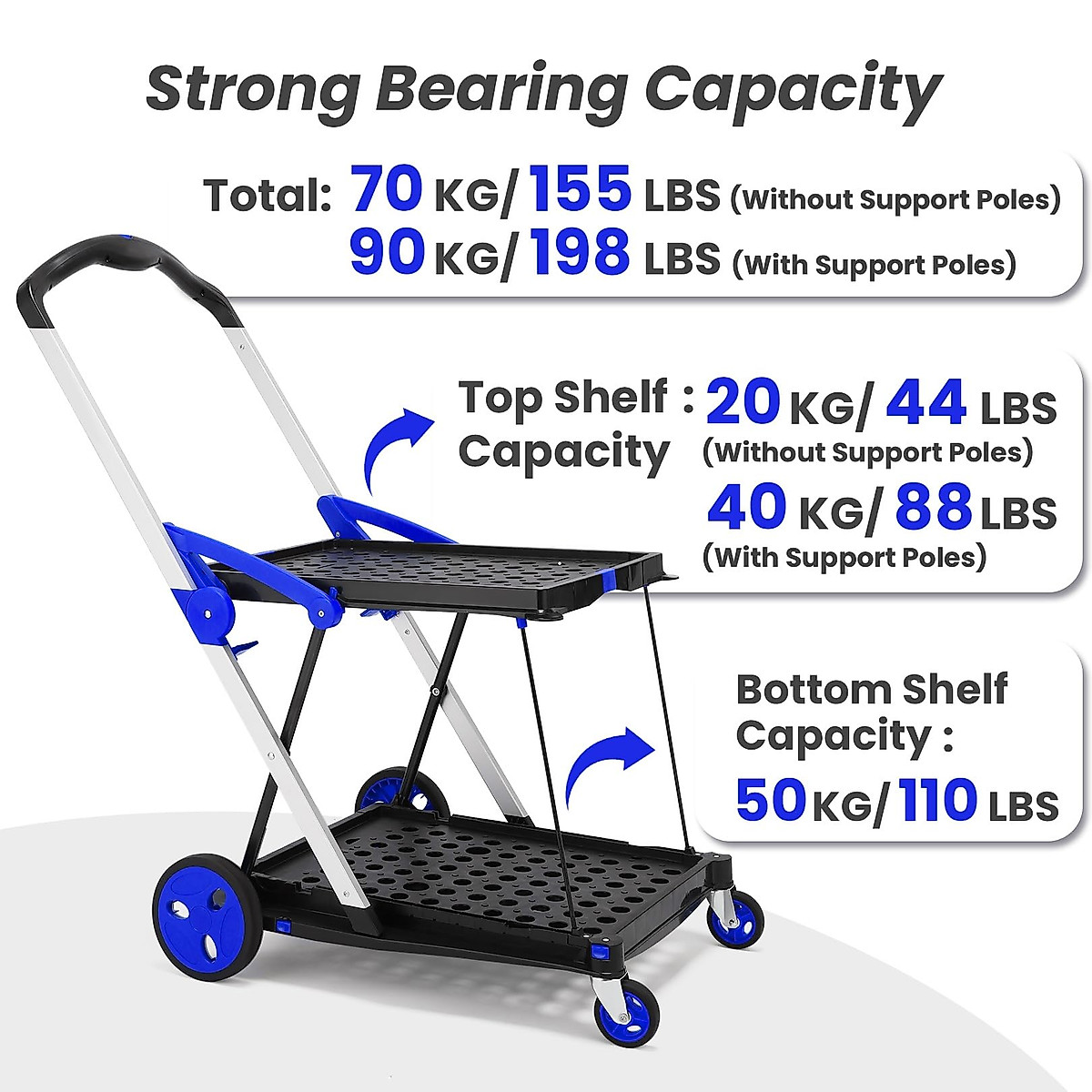 COOCHEER Collapsible Utility Cart Multifunction Collapsible Carts, Mobile Folding Trolley, Collapsible Hand Truck and Dolly, Shopping Cart with Storage Crate, Shopping Cart Folding Trolley, Blue