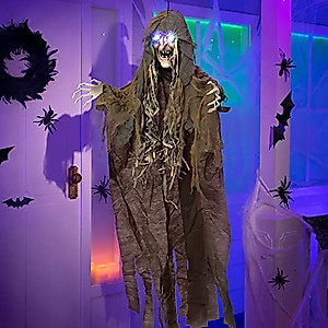 63” Halloween Hanging Witch Decoration, Life Size Hanging Witch with Sound Activation, Light-up Eyes and Creepy Sound for Halloween Haunted House Outdoor/Indoor Décor