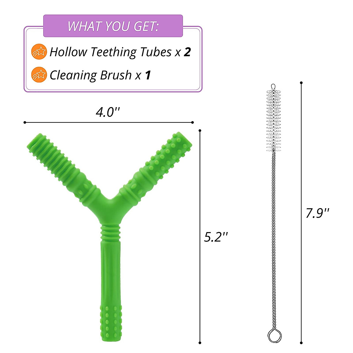 2 Pack Sensory Chew Hollow Teething Tubes, Y Style Teether Toys for Babies 3+ Months, Silicone Teether Tubes for Autistic Chewers, ADHD, Baby Nursing or Special Needs (Blue, Green)