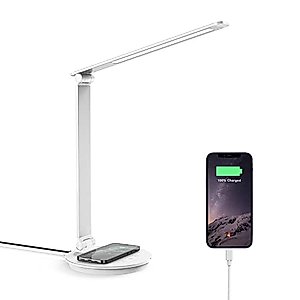 Vansuny LED Desk Lamp with Wireless Charger USB Charging Port Touch Control Dimmable Office Lamp 1h Timer 5 Color Modes 6 Brightness Levels Eye-Caring Table Lamp for Home Office Bedroom White
