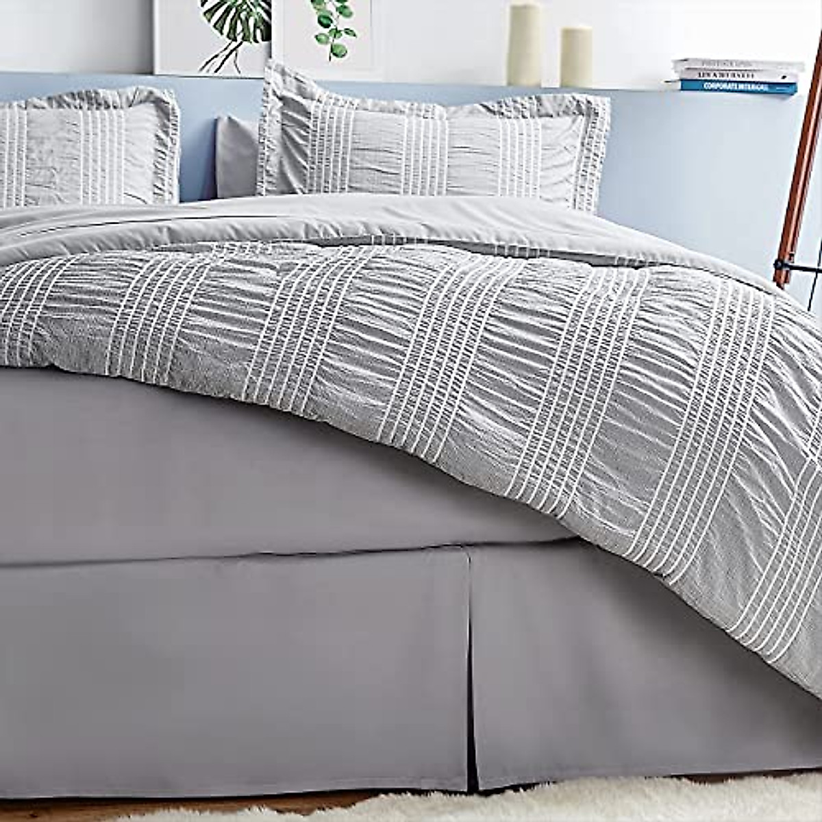 Bedsure Twin Bed in A Bag - Twin Comforter Sets 6 Piece Stripes Seersucker Bedding Set, Soft Lightweight Down Alternative Comforter Twin Bed Set(Grey 68x88 inch)