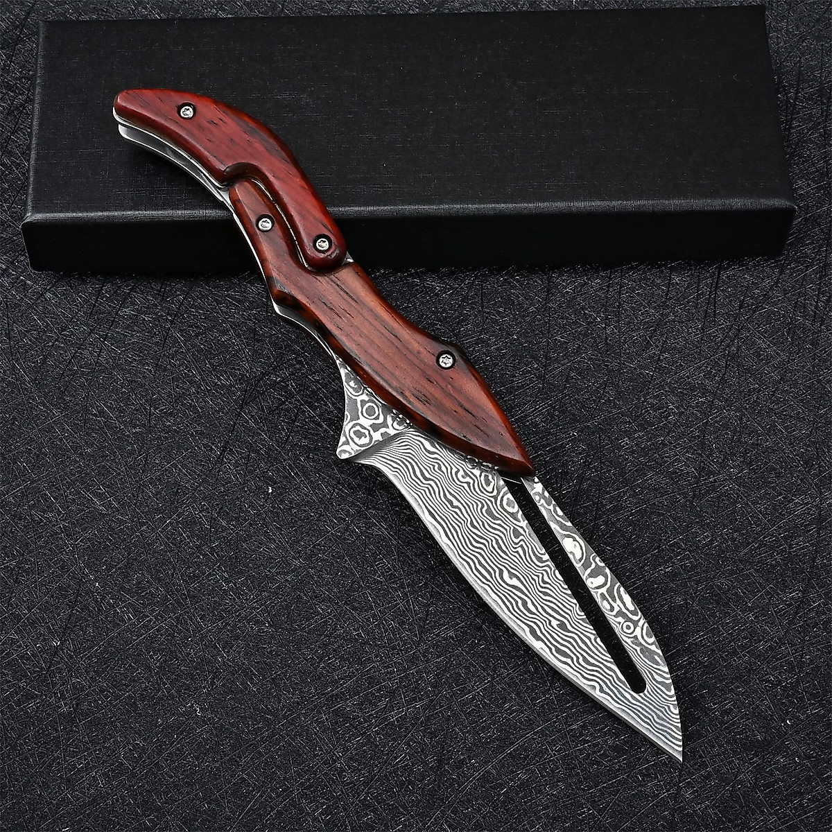 SDOKEDC Damascus Steel Folding Knife Pocket Knife Yellow Sandalwood Handle Mechanical Lock Outdoor Camping Survival (Curved blade)