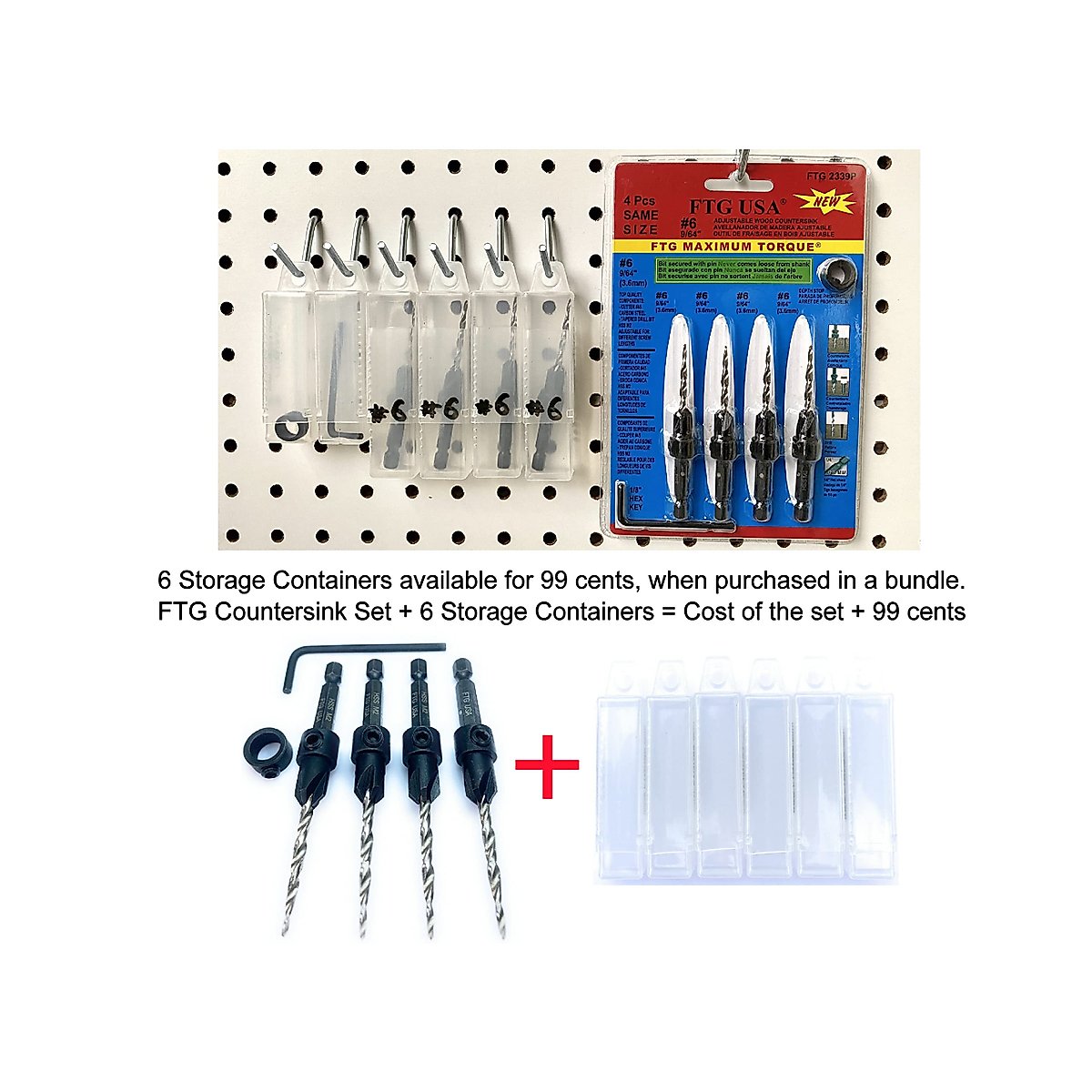FTG USA Countersink Drill Bit Set 4 Piece Same Size #6 (9/64") Countersink Drill Bit with 12 Replacement Tapered Countersink Bits #6 (9/64") 1 Depth Stop Collar, 2 Hex Wrench