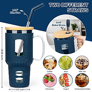 COELOCE 32 oz Glass Tumbler with Bamboo Lid and Straw, Smoothie Cup, Iced Coffee Cup with Handle, Two Straw - Boba Straw & Drinking Straw Fits in Cup Holder (Olive)
