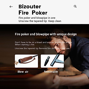 BIZOUTER Fire Poker 34inch 2 in 1 Foldable Fire Poker & Blow Stick Fireplace Tool with Wooden Ergonomic Handle, Portable Fire Pit Poker for Campfire,Wood Burning Stove & BBQ
