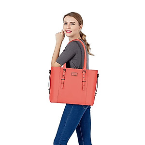 MOSISO PU Leather Laptop Tote Bag for Women (17-17.3 inch), Waterproof Large Capacity Business Work Briefcase Shoulder Laptop Bag, Living Coral
