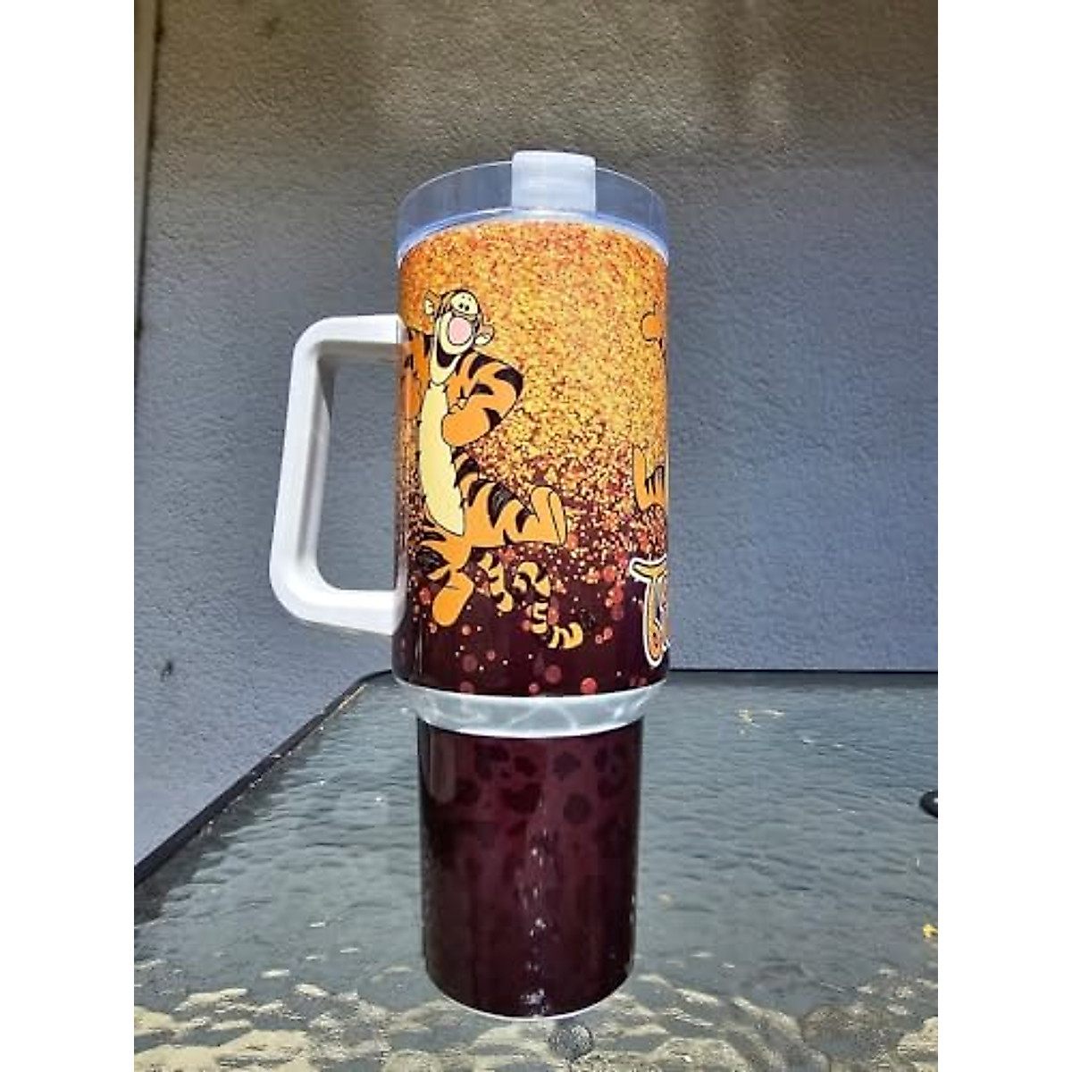 Bear Cartoon Movie Tigger Character Dancing Glitter Leopard Tumbler 40 Oz Stainless Steel With Handle And Straw, 40oz Tumbler Maintains Cold Heat and Ice for Hours