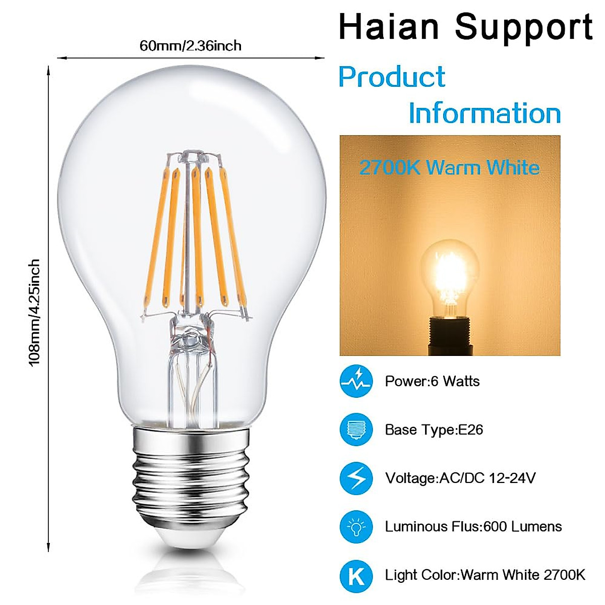 Haian Support Efficient 12V LED Bulb 6W 600Lm - E26/E27 Base - 12-24V AC/DC - 4 Pack - Ideal for Off-Grid Solar Battery Systems, RVs, Marine Lighting - Energy Saving 60W Equivalent - Warm White 2700K