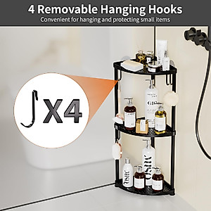 SWTYMIKI Corner Shower Caddy Standing - 3 Tier Stainless Steel Corner Shower Organizer Stand, Large Capacity Floor Shower Shelf with 4 Hooks, Rustproof Shower Storage for Bathroom and Bathtub, Black