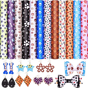 12 Pieces Paw Print Faux Leather Sheets Animal Footprint Faux Leather Puppy Cat Bone PU Printed Leather Sheets for Making Earrings, Hair Bows, DIY Crafts, 6.3 x 8.3 Inches, Assorted Colors