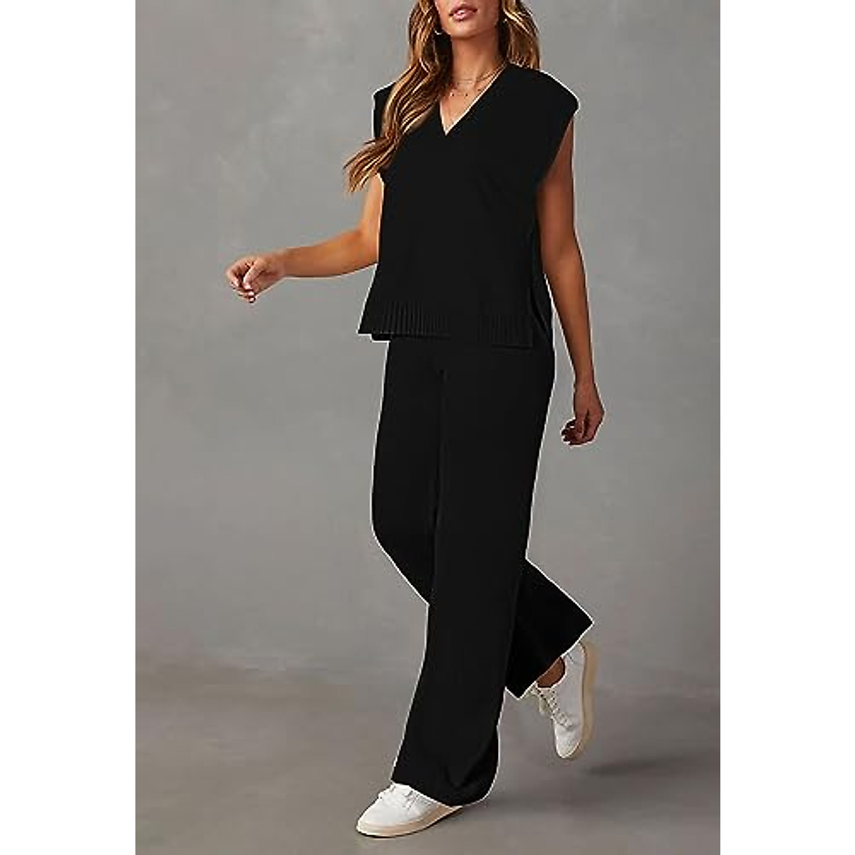 Pink Queen matching sets for women 2 Piece Cap Sleeve Sweater Knit Pullover Top Wide Leg Pants Matching Sets Black S