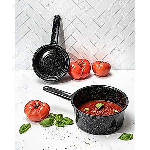 Granite Ware 1 qt y 2 qt saucepan set. Enameled steel great for camping, outdoor use, suitable for oven and direct fire.
