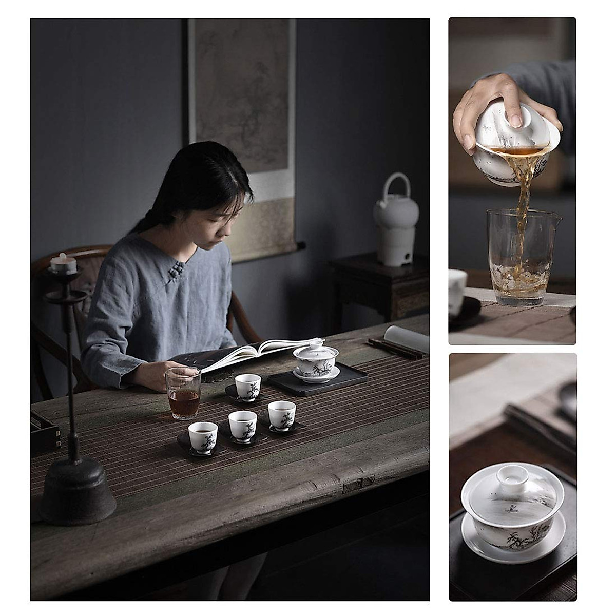 Teacups set,QMFIVE,Chinese Traditional Teaware Blue and White Porcelain Gaiwan Kungfu Tea bowl with Lid and Saucer - 6oz/180ml,Seclusion