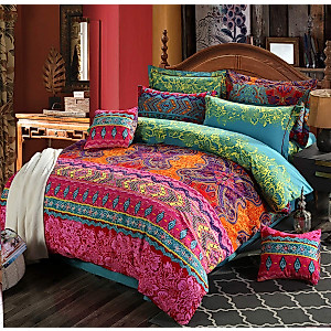HNNSI 4 Pieces Bohemia Ethnic Bedding Sets Queen Size, Brushed Cotton Boho Duvet Cover Set with Fitted Sheet, Super Comfy Comforter Cover Sets,No Comforter(Fitted Sheet Set, Queen)