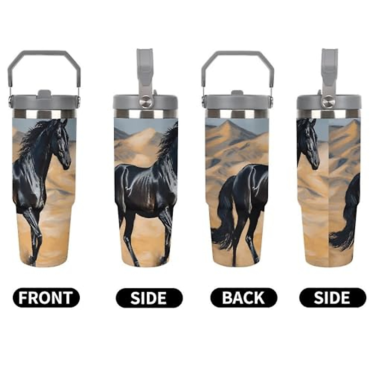 WITHSBKK 30oz Car Cup Black Arabian Horse Printed with Portable, Stainless Steel Travel Mug, Vacuum Insulated Tumbler And Straw, Leakproof for Car & Outdoor, UV Printed Design
