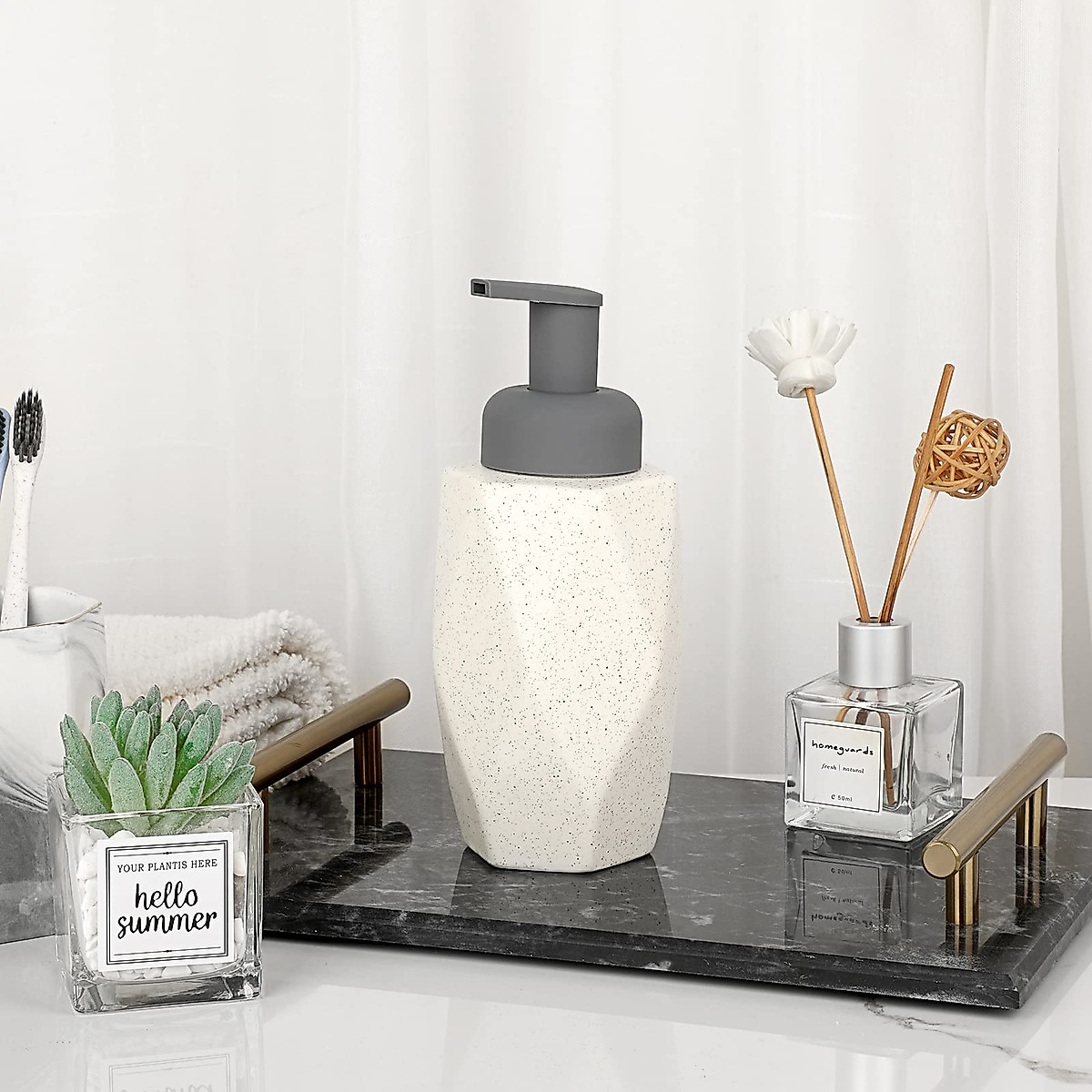 Sumnacon Ceramic Foam Hand Dispenser- Hexagon Shape Soap Dispenser Lotion Hand Pump Dispenser, Elegant Hand Soap Dispenser for Kichen Bathroom Office Countertop, Beige