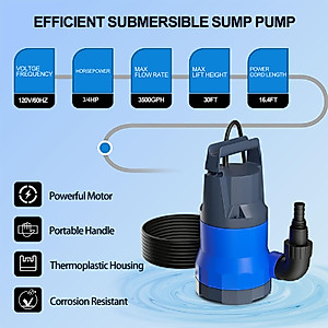 PANRANO Sump Pump 3/4HP Submersible Utility Water Pump 3500GPH Portable Water Transfer Pump for Pool Draining Garden Basements Hot Tub Pond Flood Yard with Adapters