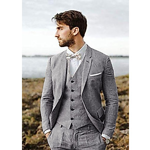 Furuyal Linen Suits for Men 3-Piece Casual Summer Beach Wedding Retro Slim Fit Tuxedo Groom Tux Blazer Vest & Pants Gray-XL