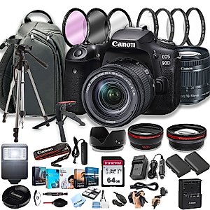 Canon EOS 90D DSLR Camera w/EF-S 18-55mm F/4-5.6 STM Zoom Lens + 100S Sling Backpack + 64GB Memory Cards, Professional Photo Bundle (40pc Bundle)