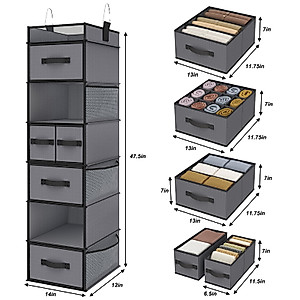 Fixwal 1 Pack 7-Shelf Hanging Closet Organizer, Closet Organization and Storage with 5 Different Drawers, 6 Side Pockets Wardrobe Clothes Organizer for Closet Dark Grey