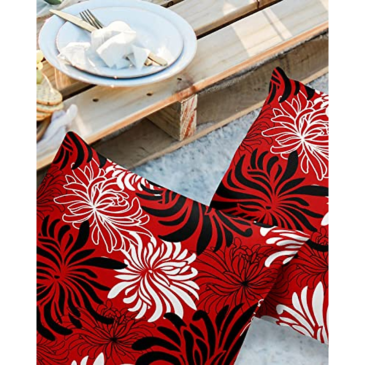 Brawvy Pillow Covers 16x16 inch Outdoor Decorative Waterproof Pillow Covers Spring Flower Red and Black Chrysanthemum Throw Pillowcase Shell for Patio Tent Couch Set of 2