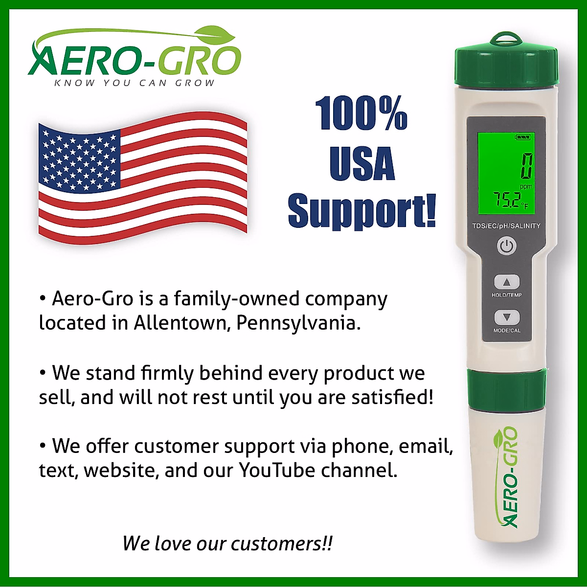 AERO-GRO Digital 5-in-1 Meter: 5 Functions: pH, TDS, EC, Salinity%, Salinity ppm, and Temp, IP67 Waterproof, Pen-Type Tester for Hydroponics, Water, Wine, Spas, Aquariums