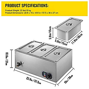 Commercial Food Warmer 110V, 3-Pan Electric Steam Table, Stainless Steel Buffet Bain Marie 16 Quart for Catering and Restaurants