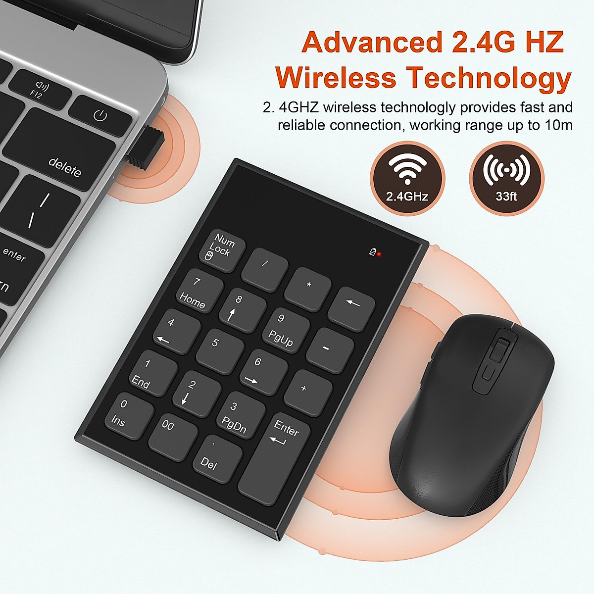Wireless Number Pad and Mouse, 19 Keys Portable Ultra Slim 2.4GHz 10 Key USB Keypad and 3 Adjustable DPI Silent Mouse Set for Laptop, Notebook, Desktop, PC Computer - Use One USB Receiver