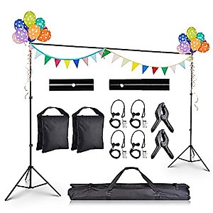 AW Backdrop Stand 10 x 7ft/3m x 2.1m Adjustable Parties Background Support System Stand with 2 Clamps 4 Clips 2 Sand Bags for Studio Photo Event Live Youtuber Classroom Stage for Puppets