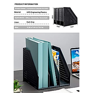Leven Collapsible Magazine File Holder/Desk Organizer for Office Organization and Storage with 3 Vertical Compartments, Dark Grey,