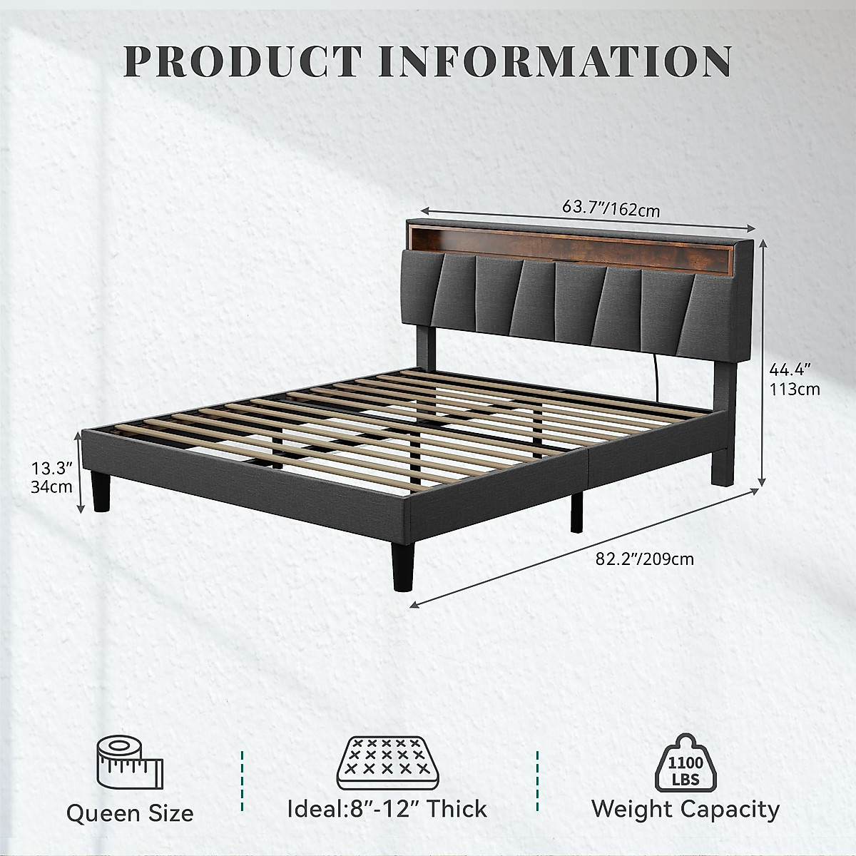 YITAHOME Queen Size Bed Frame, LED Bed Frame with Storage Bookcase Headboard, Upholstered Platform Bed with Charging Station, No Box Spring Needed, Easy Assembly, Grey