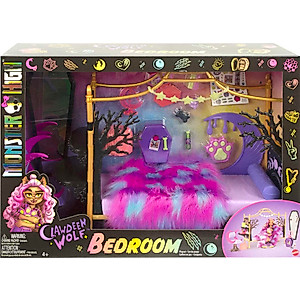 Monster High Playset, Clawdeen Wolf Bedroom with Doll House Furniture & Toy Accessories Like Spooky Decor & Snacks, Sticker Sheet
