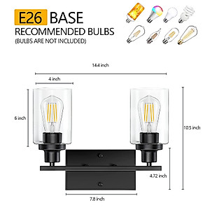 Bathroom Light Fixtures, Black 2-Light Vanity Lights, Modern Bathroom Vanity Light with Clear Glass Shade, Wall Lamp with Metal Frame over Mirror, Vanity Lights for Washroom Bedroom Hallway E26 Base