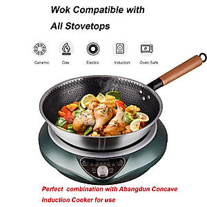 Abangdun 13.4 inch Non Stick Frying Wok Stainless Steel Stir-fry Wok Honeycomb Concave Wok Works on Concave