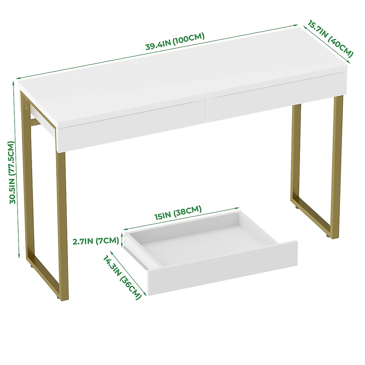 GreenForest Vanity Desk with 2 Drawers,39 inch White Desk with Glossy Desktop Easy Clean,Makeup Dressing Table with Metal Gold Legs for Home Office Small Spaces,Bedroom