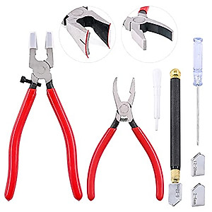 Keadic Professional Glass Cutter Tool Set with Glass Breaking Pliers, Glass Running Pliers, 2mm-20mm Oil Feed Carbide Tip with 2 Replaceable Blades for Mirrors/Windows/Mosaic/Stained Glass